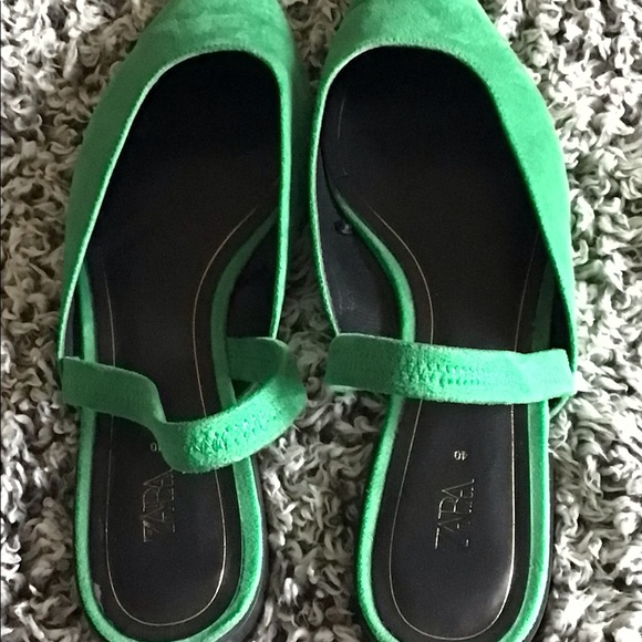 Zara Shoes Zara Emerald Green Suede Pointed Toe Slingback Flats